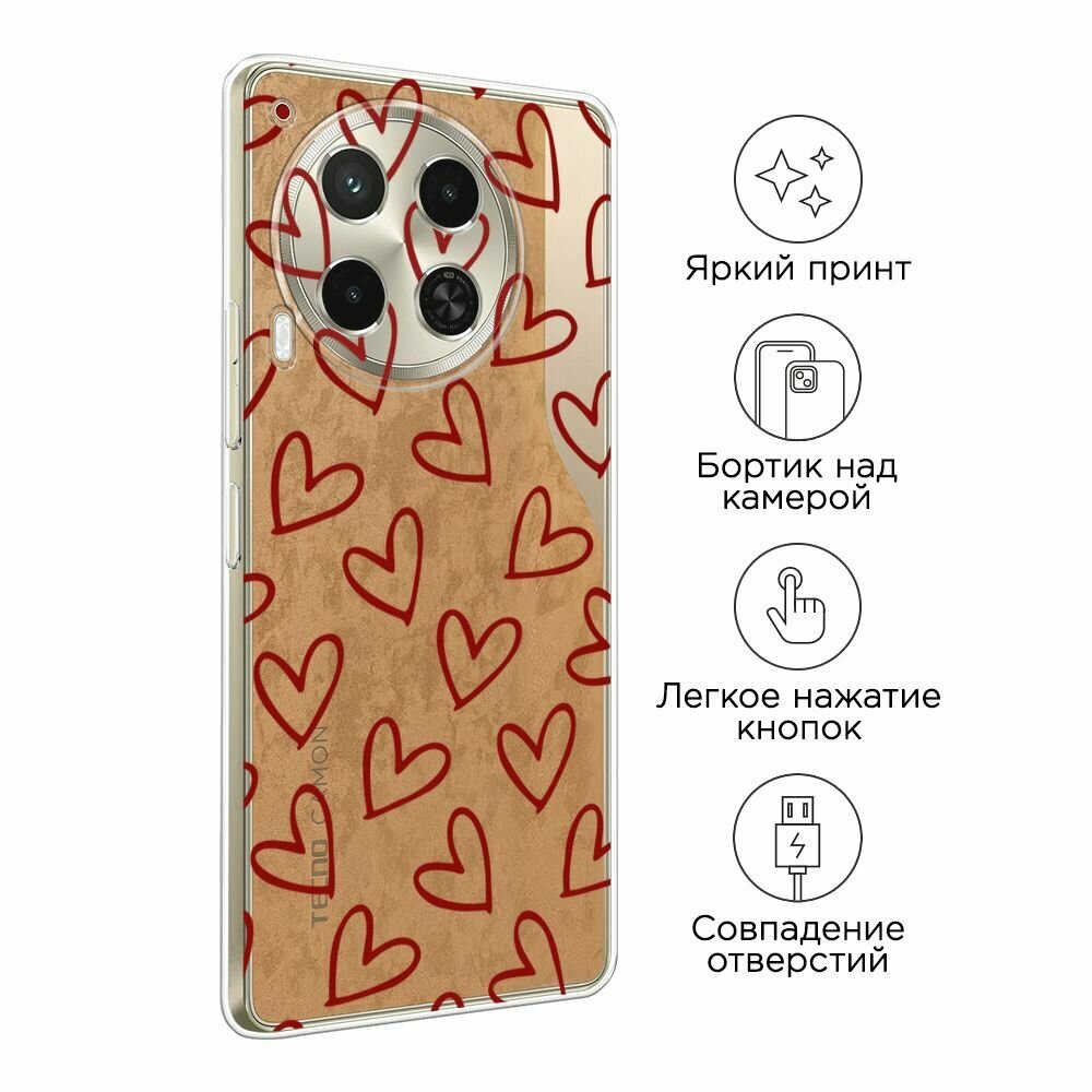 Чехол на Tecno Camon 30 4G / Текно Камон 30 4G с принтом "Little hearts doodles 2 - 14 февраля", прозрачный — фото 1
