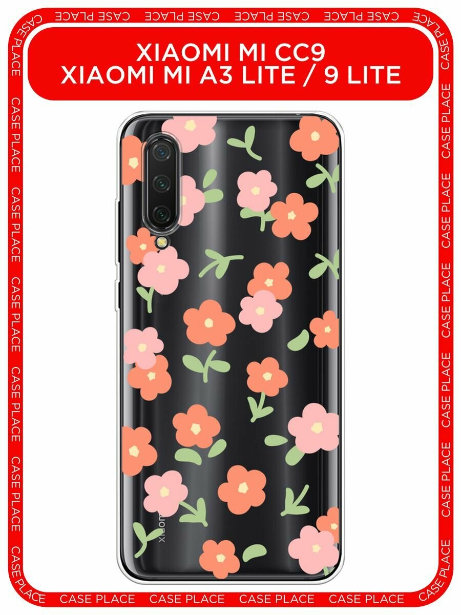Чехол на Xiaomi Mi CC9/A3 Lite/9 Lite / Сяоми Mi CC9/A3 Lite/9 Lite с принтом "Красные цветочки рисунок", прозрачный