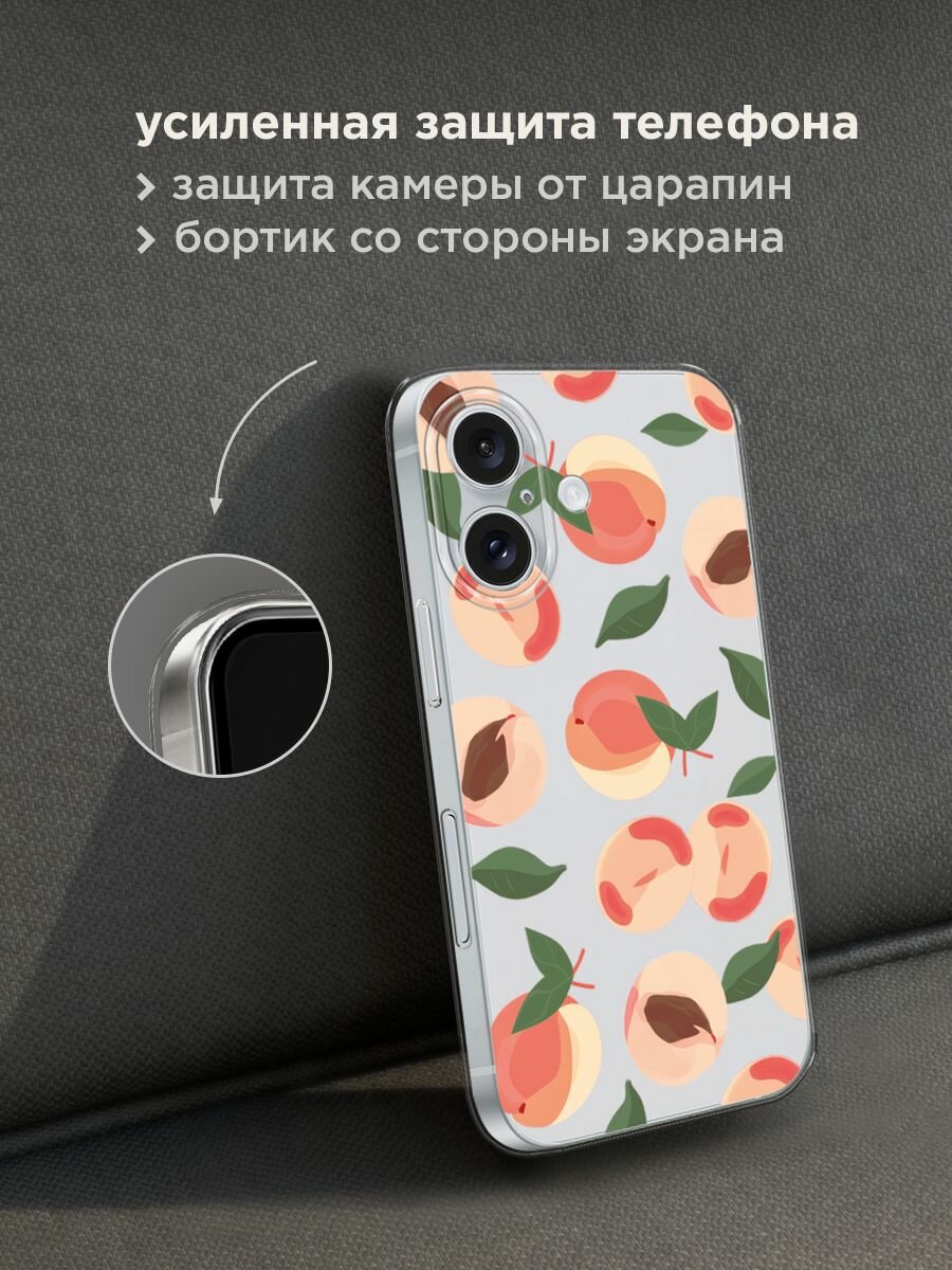 Чехол на Apple iPhone 16 / Айфон 16 с принтом "Нежные персики паттерн 2", прозрачный — фото 1