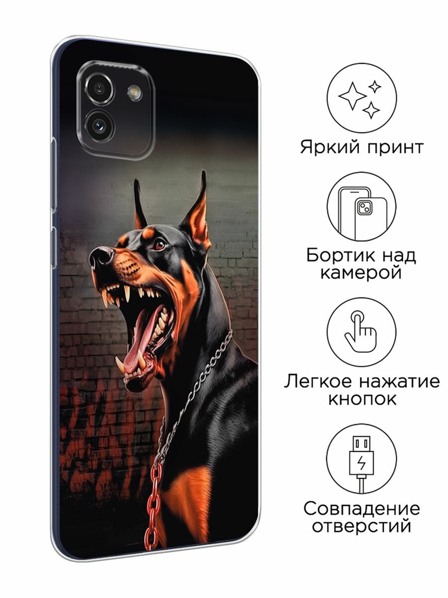 Чехол на Samsung Galaxy A03 / Самсунг Галакси А03 с принтом "Доберман с цепью" — фото 1
