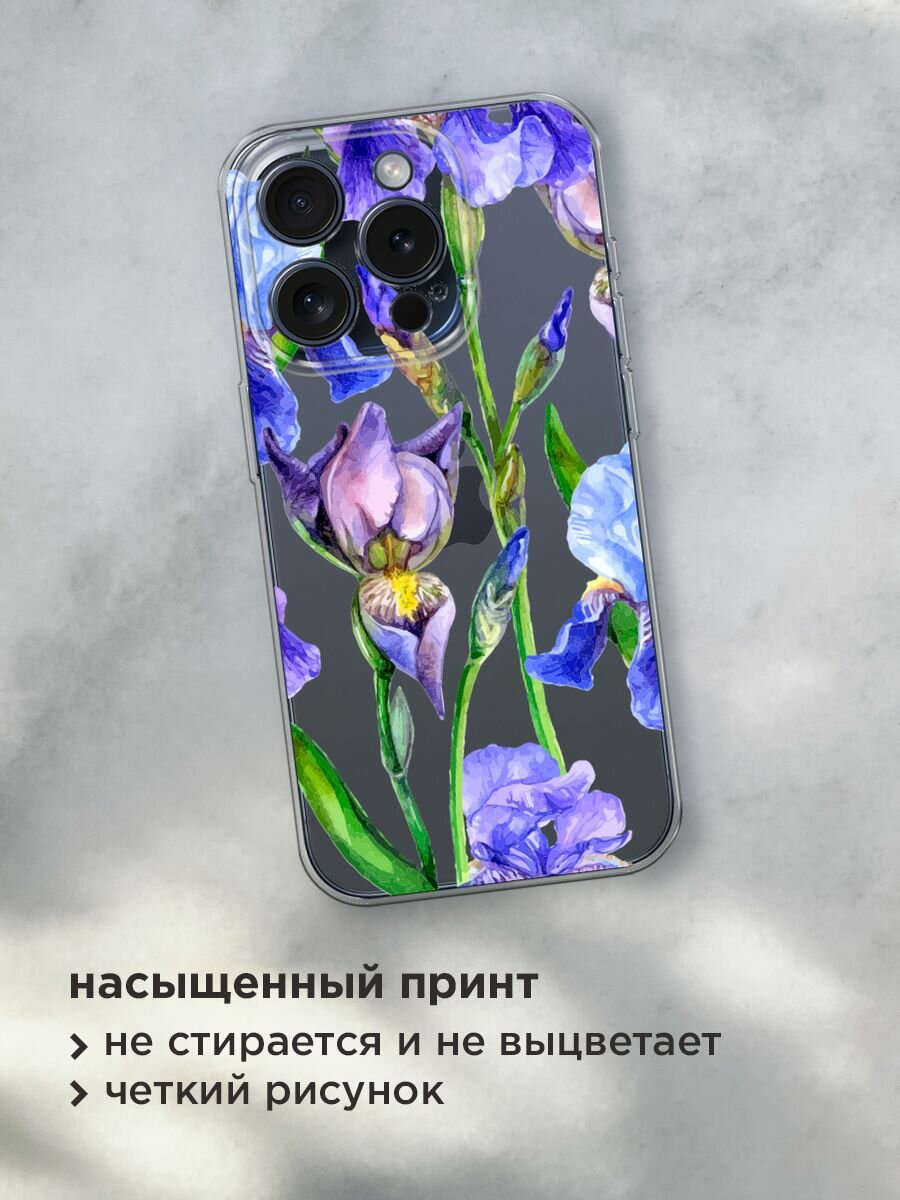 Чехол на Apple iPhone 15 Pro / Айфон 15 Про с принтом "Синие ирисы", прозрачный — фото 1