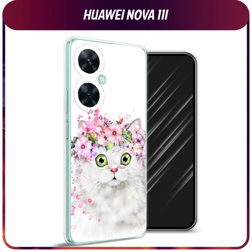 Чехол на Huawei Nova 11i / Хуавей Нова 11i с принтом Белая кошка с цветами
