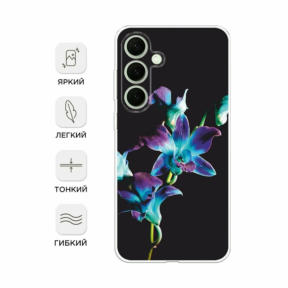 Чехол на Samsung Galaxy S25 Plus / Самсунг S25 Плюс с принтом "Синий цветок на черном" — фото 1