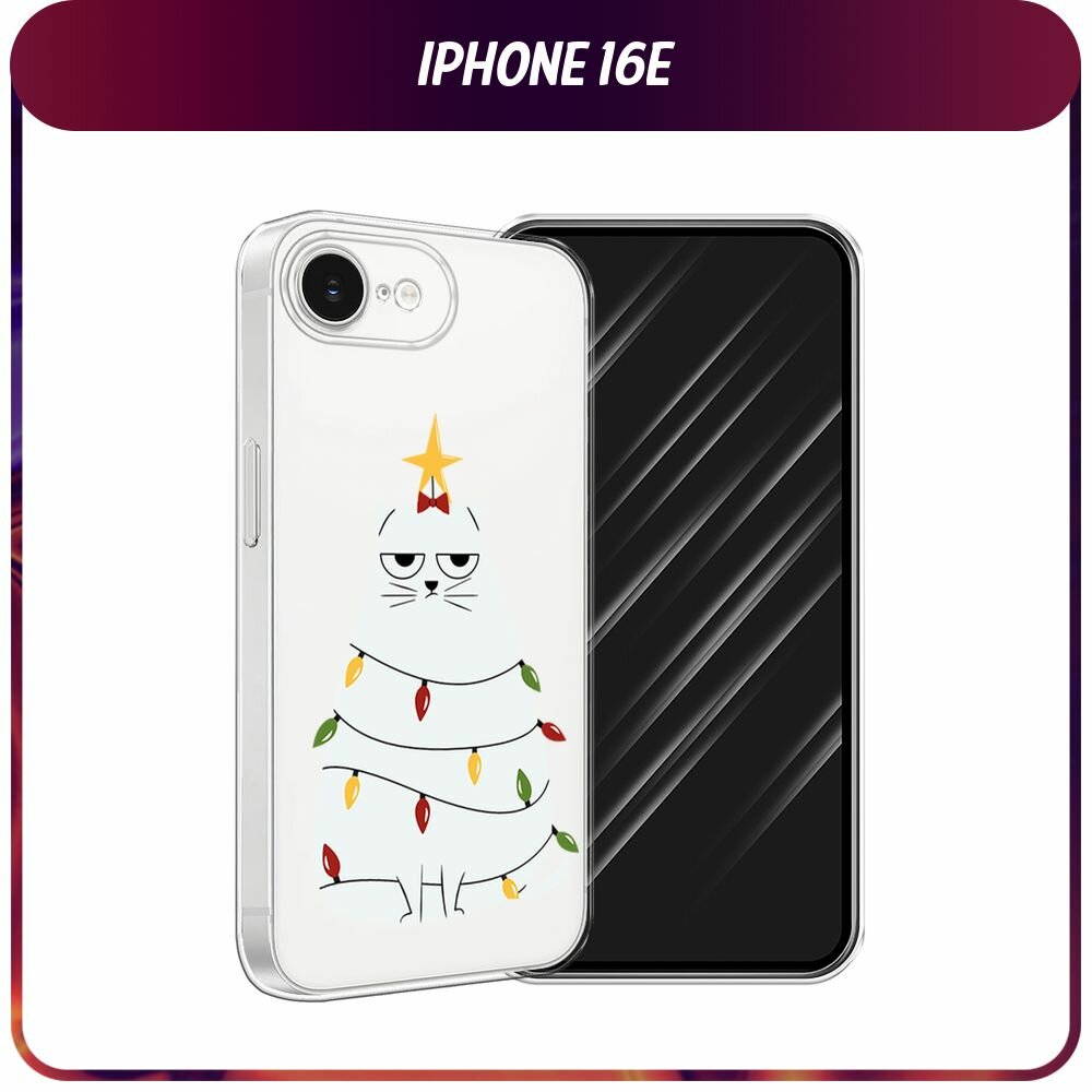 Чехол на Apple iPhone 16e/17e / Айфон 16е/17e с принтом Котик в гирлянде, прозрачный