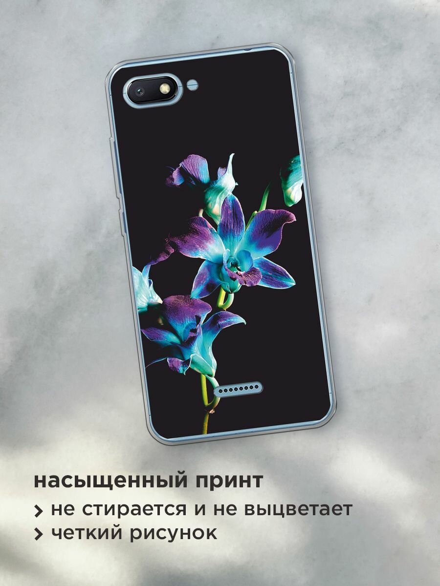 Чехол на Xiaomi Redmi 6A / Сяоми Редми 6А с принтом "Синий цветок на черном" — фото 1
