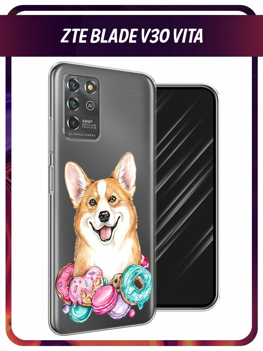 Чехол на ZTE Blade V30 Vita / ЗТЕ Блейд V30 Вита с принтом "Корги и сладости", прозрачный