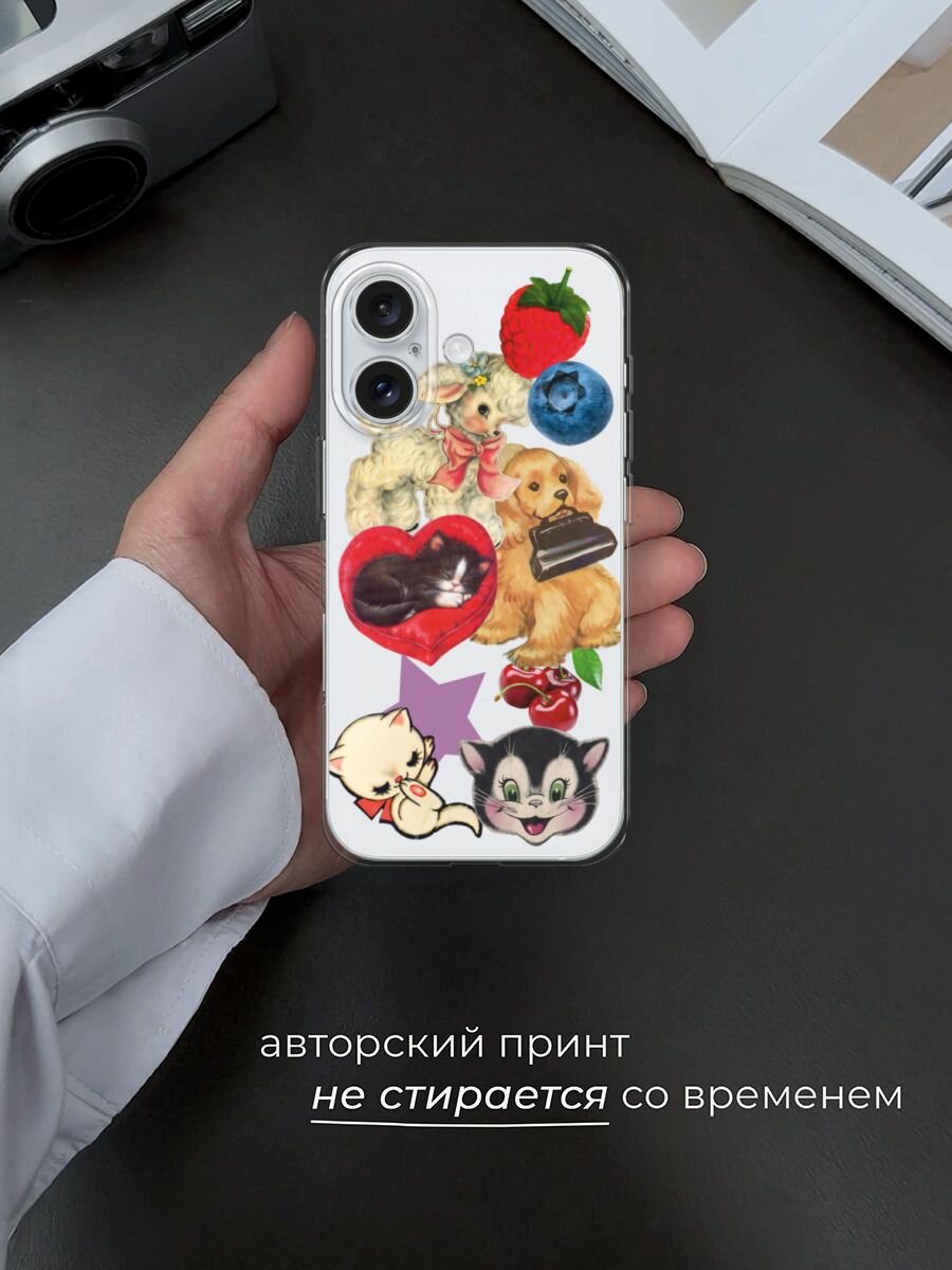 Чехол на Apple iPhone 16 / Айфон 16 с принтом "Милые стикеры", прозрачный — фото 1