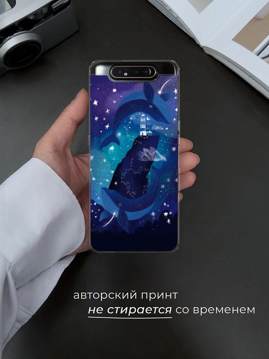 Чехол на Samsung Galaxy A80 / Самсунг Гэлакси A80 с принтом "Ночные киты" — фото 1