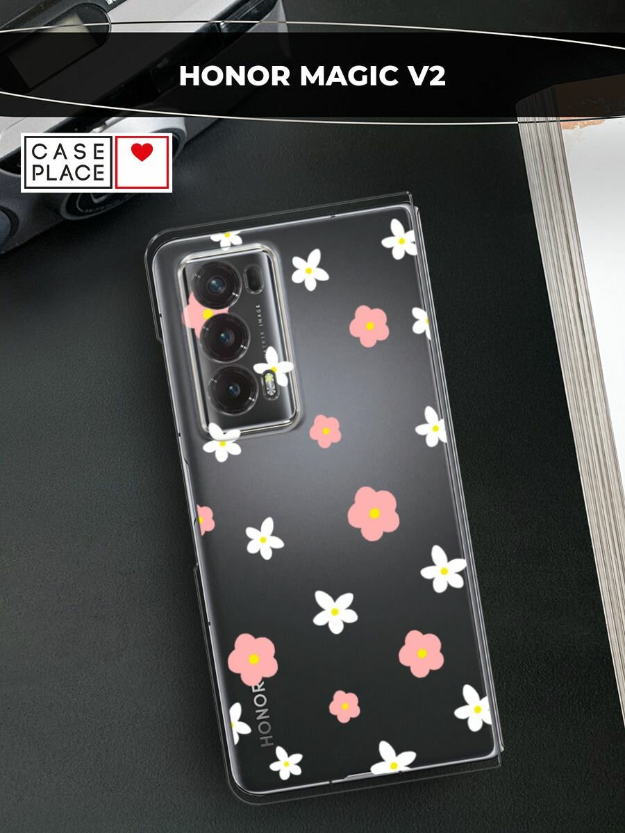 Чехол на Honor Magic V2 / Хонор Меджик V2 с принтом "Розовые и белые цветы", прозрачный