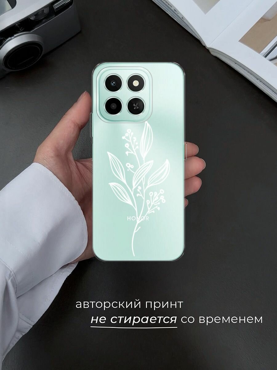 Чехол на Honor X6c / Хонор X6c с принтом "Ветка с листочками и цветами", прозрачный — фото 1