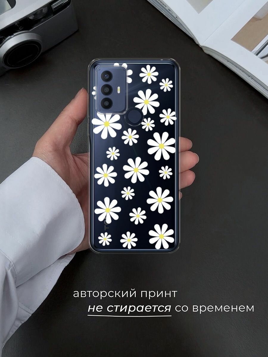 Чехол на TCL 30E/30 SE/305/306 / ТСЛ 30E с принтом "Большие ромашки", прозрачный — фото 1