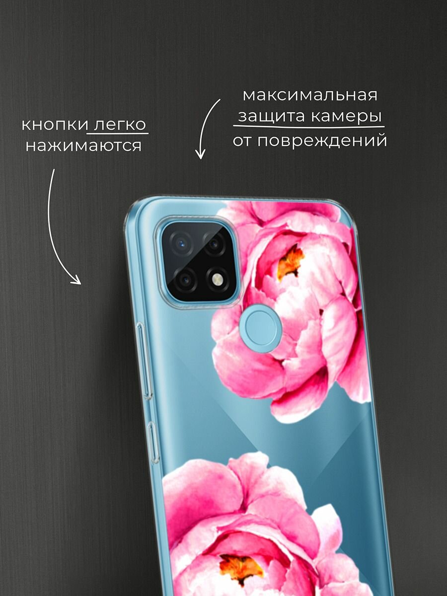Чехол на Realme C21 / Реалми С21 с принтом "Open peonies", прозрачный — фото 1