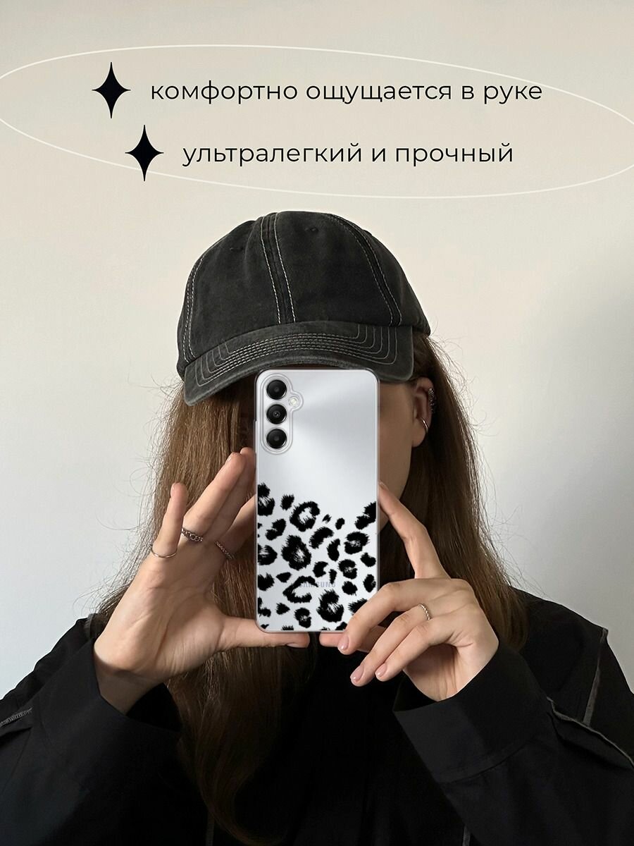 Чехол на Samsung Galaxy A05s / Самсунг Галакси A05s с принтом "Окрас леопарда фон черный", прозрачный — фото 1
