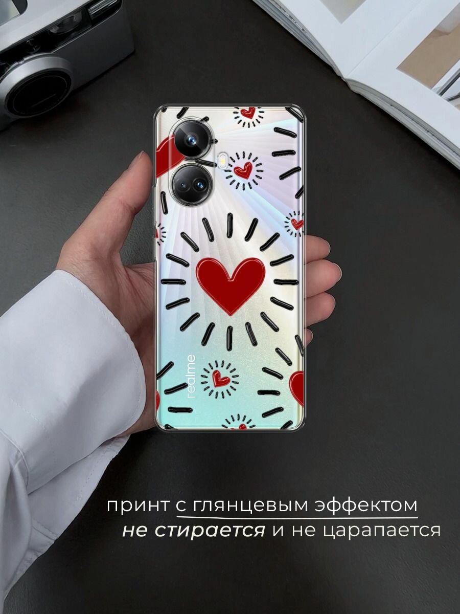 Чехол на Realme 10 Pro+ / Реалми 10 Про+ с принтом "Бордовые сердца паттерн" — фото 1