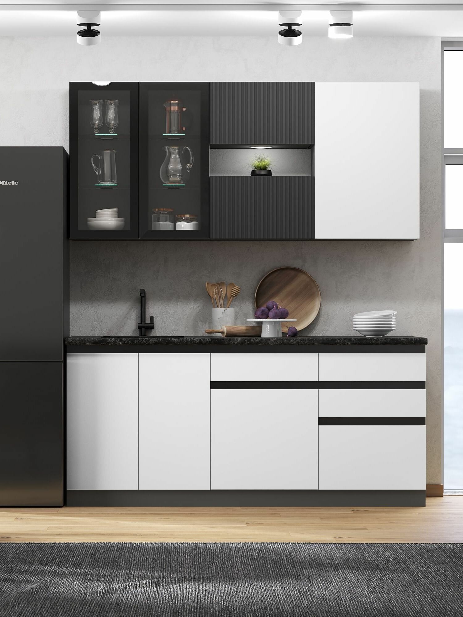 Кухонный гарнитур Техно-6 2м белый снег/графит софт со столешницей миф