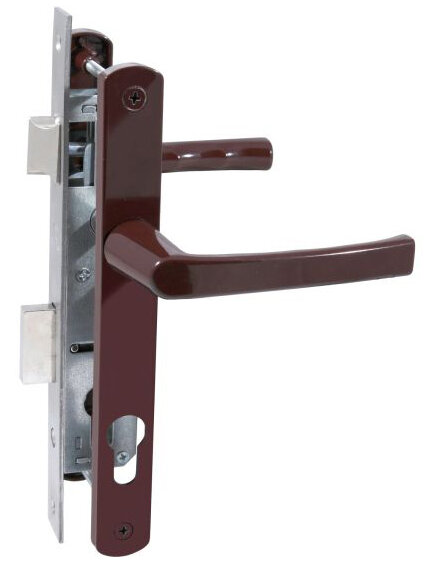 Замок врезной с ручкой узкопрофильный булат корич м/о 85мм без ЦМ