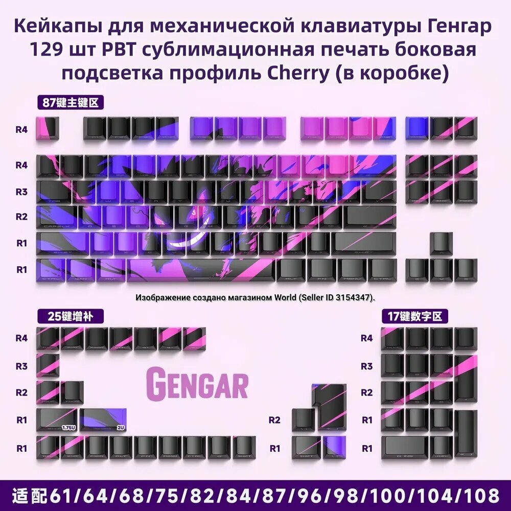 Кейкапы для механической клавиатуры Генгар 129 шт PBT сублимационная печать боковая подсветка профиль Cherry (в коробке)