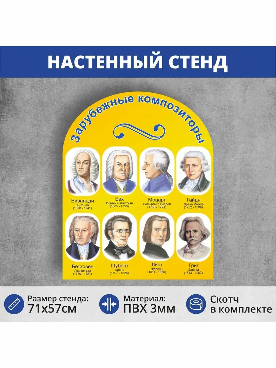 Стенд Музыки "Зарубежные композиторы" полукруг 710х570мм