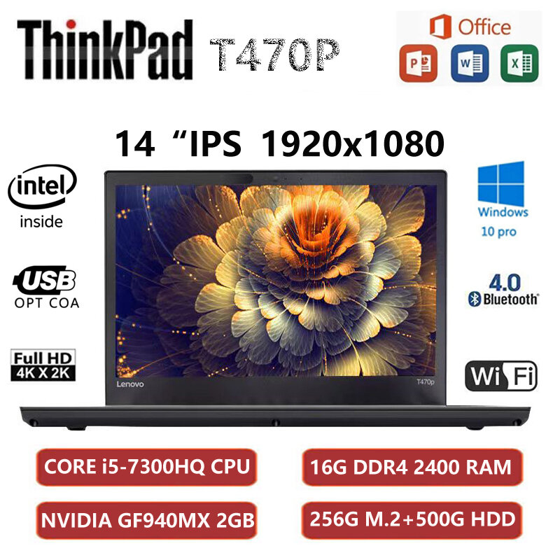 ноутбук 14" Lenovo Thinkpad T470P (Intel CORE i5-7300HQ CPU+2X8GB DDR4 2400 RAM+256GB M.2 NGFF SSD+500G HDD+Nvidia Geforce 940MX 2G+Intel HD Graphics 630+1920X1080 IPS) Win 10 pro