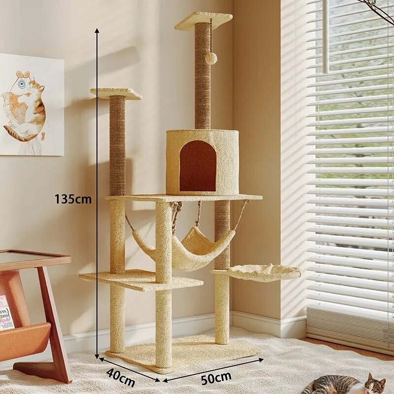Кошачье дерево с когтеточкой и домиком, комплексный игровой центр для кошек, из джута (сизаля), компактное, для квартиры