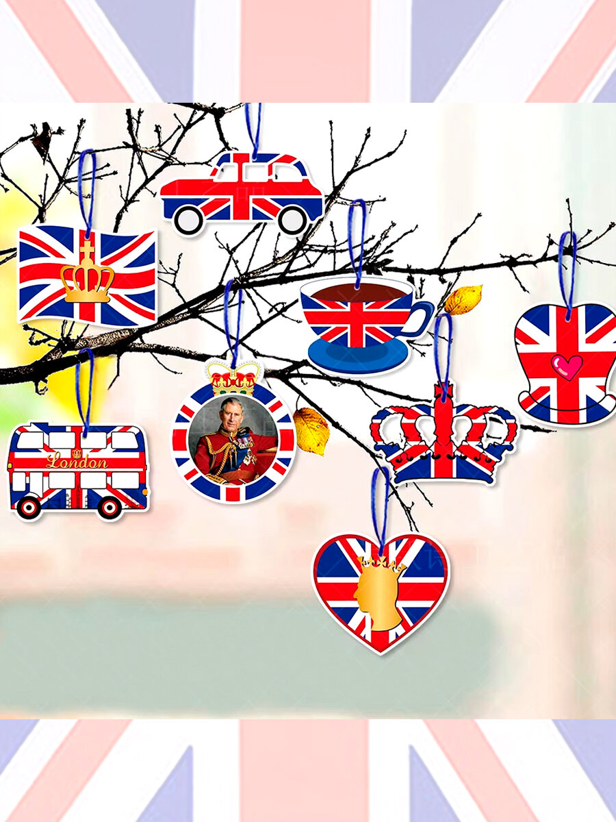 Аксессуары для праздника Англии, символы Великобритании - британский флаг, автобус, корона