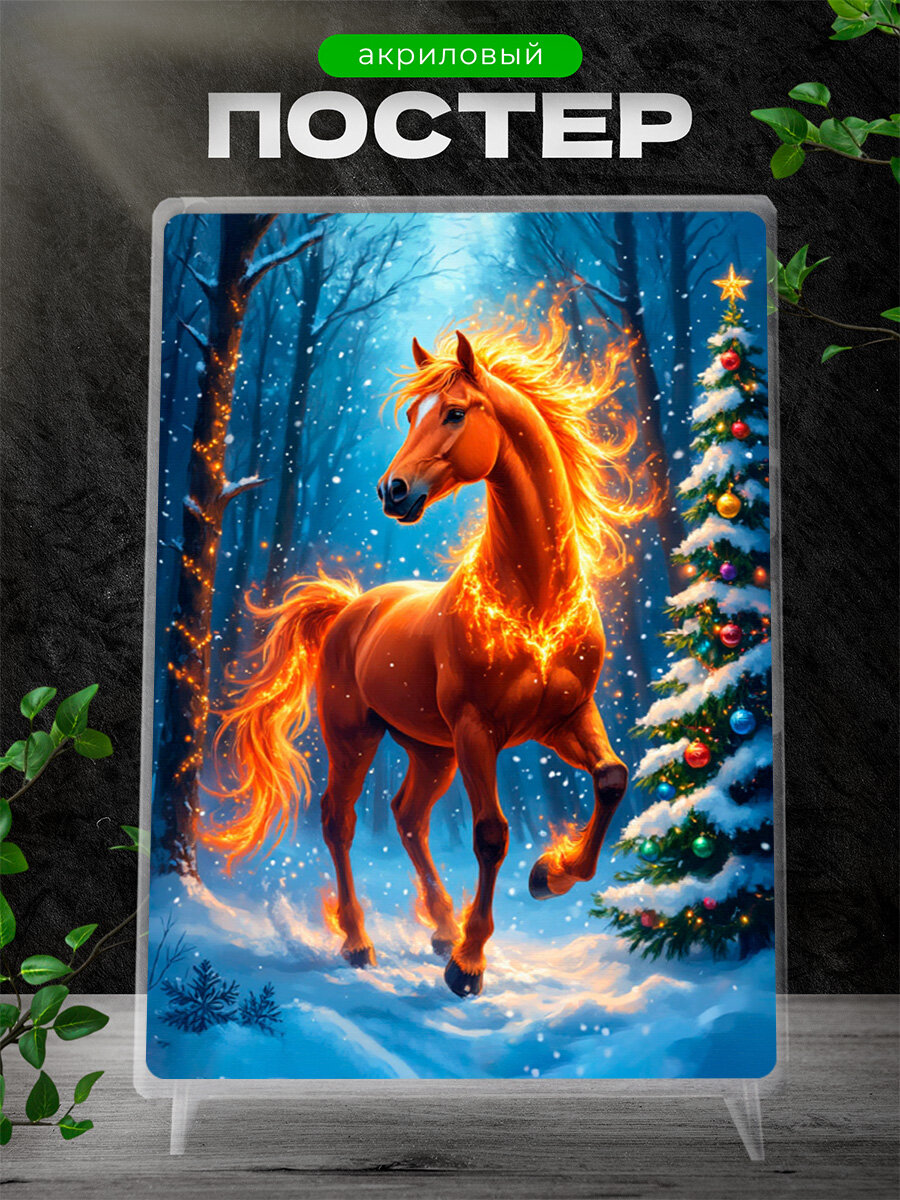 Акриловый постер на подставке с цветным принтом на подставке новогодний с огненной лошадью