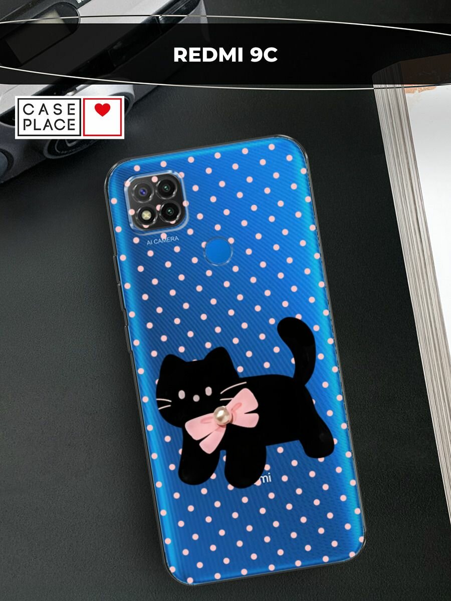 Чехол на Xiaomi Redmi 9C / Сяоми Редми 9C с принтом Черный котик с бантом, прозрачный
