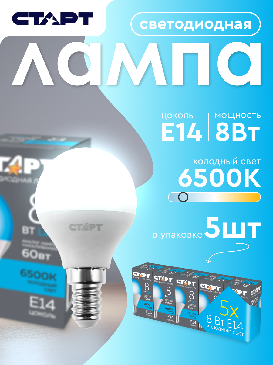 Лампочка светодиодная Е14 "Шар" 8Вт 6500К холодный свет 5 штук