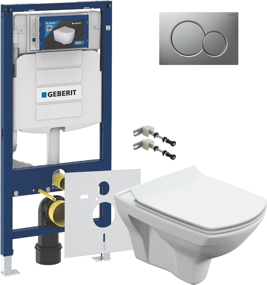 Комплект Унитаз подвесной Cersanit Carina XL Clean On DPL EO slim / Крепления Geberit Duofix к стене / Инсталляция UP 320 111.300.00.5, Кнопка Sigma лакированная, матовый хром, Шумоизоляция