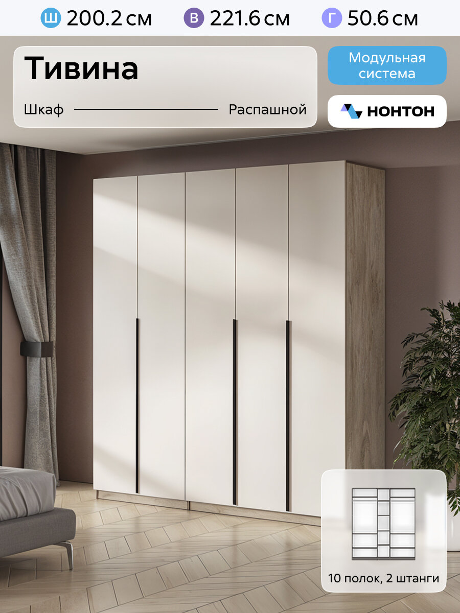 Комплект распашных шкафов для одежды Нонтон Тивина, 2 шт, 200 см, 10 полок и 2 штанги, эндгрейн / меланж