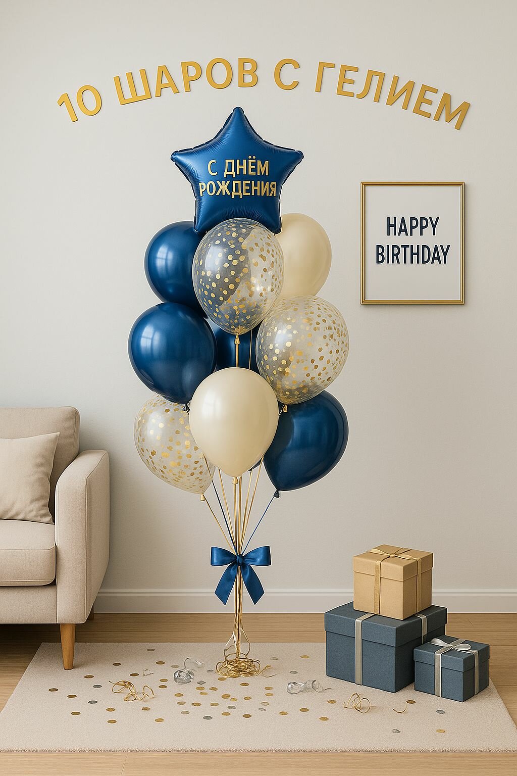 Фольгированные воздушные шары с гелием надутые в фонтан из латексных шаров "Элегантный синий", 10 шт