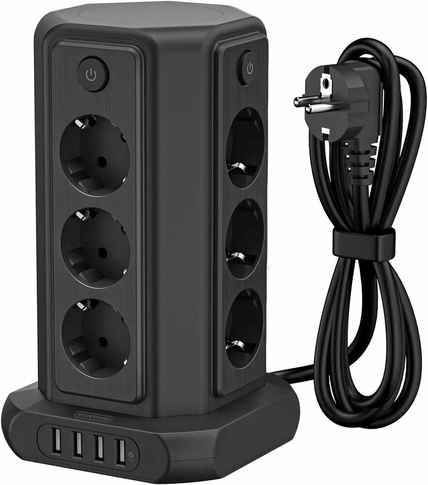 Сетевой фильтр с выключателем NTONPOWER LSP Удлинитель сетевой, 12 розетки 4 USB, 16A/4000W 1.5 м удлинитель, Множественная защита безопасности, черный