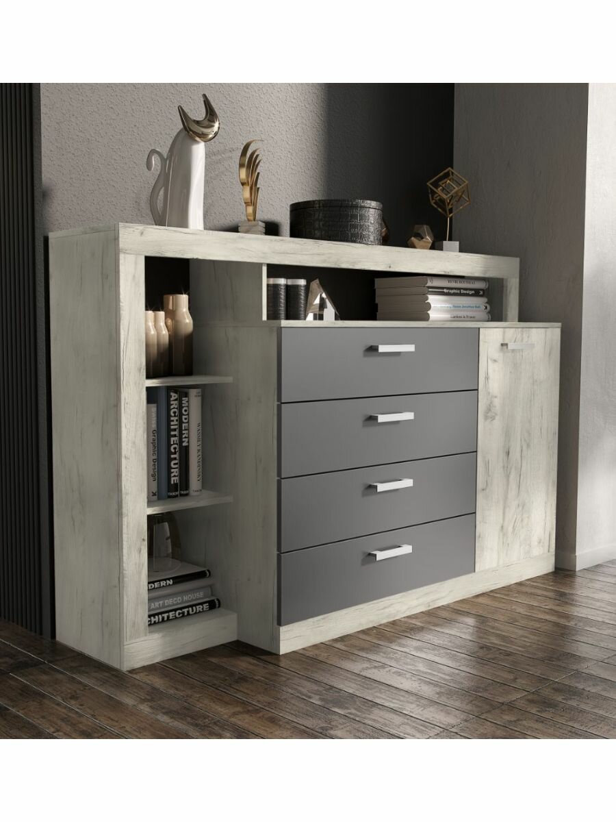 Комод Ангара ЛДСП 1602х1040х476, Дуб Крафт Белый/Графит, МИФ