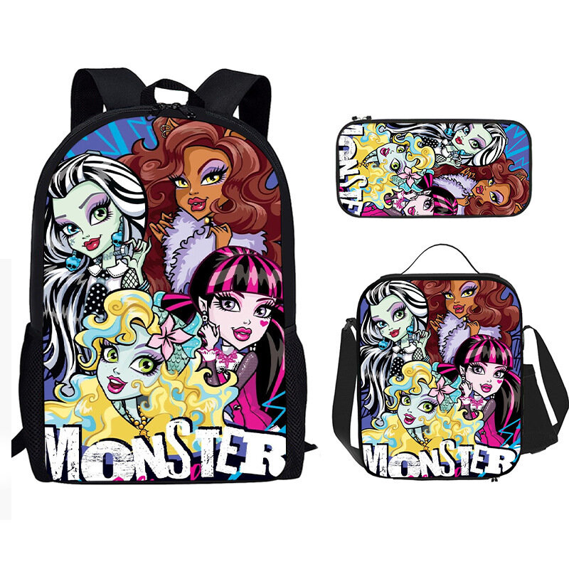 В наличии трансграничный бестселлер Monster High: школьная сумка из трех предметов с принтом Monster High, пенал, сумка через плечо и вместительный студенческий рюкзак.