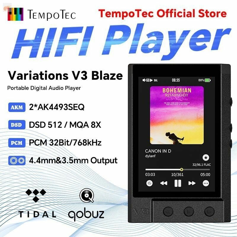 Эксклюзивный портативный HiFi плеер TempoTec V3 Blaze с защитным чехлом, оснащенный двумя ЦАП AK4493SEQ 4.4 мм и 3.5 мм, поддерживающий DSD512, двусторонний Bluetooth, WiFi, MQA16