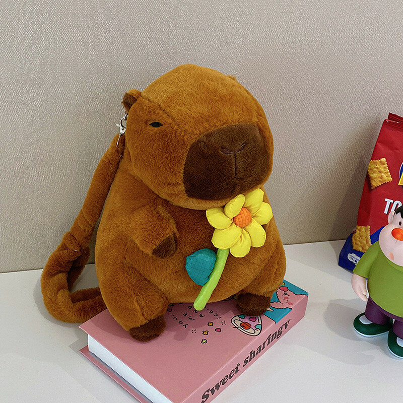 Cartoon capybara plush backpack with zipper pocket for daily use and street style yellow flower