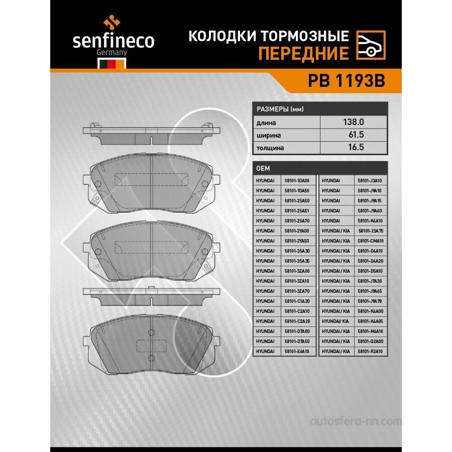 SENFINECO PB1193B Колодки тормозные пер. HYUNDAI i40 I (VF), CRETA (SU2_), KONA (OS), SONATA VI (YF), SONATA VII (LF)