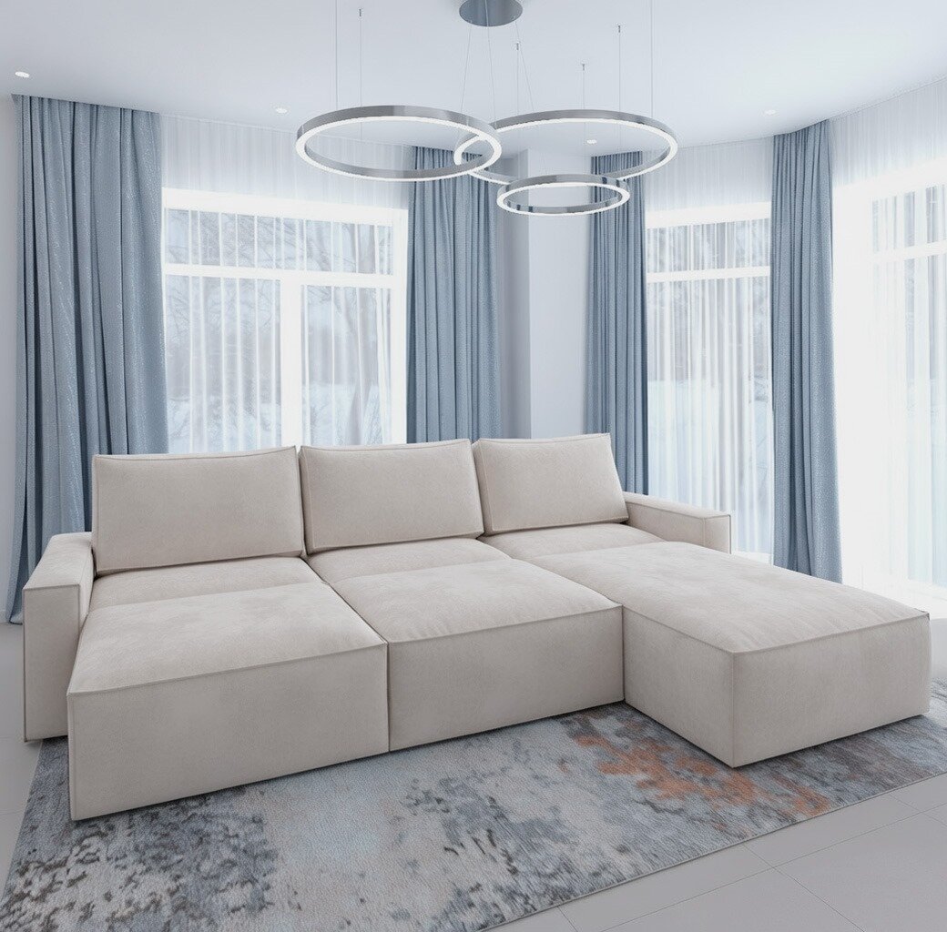 Диван КМК, угловой, раскладной, ортопедический, лофт, серо-бежевый, велюр