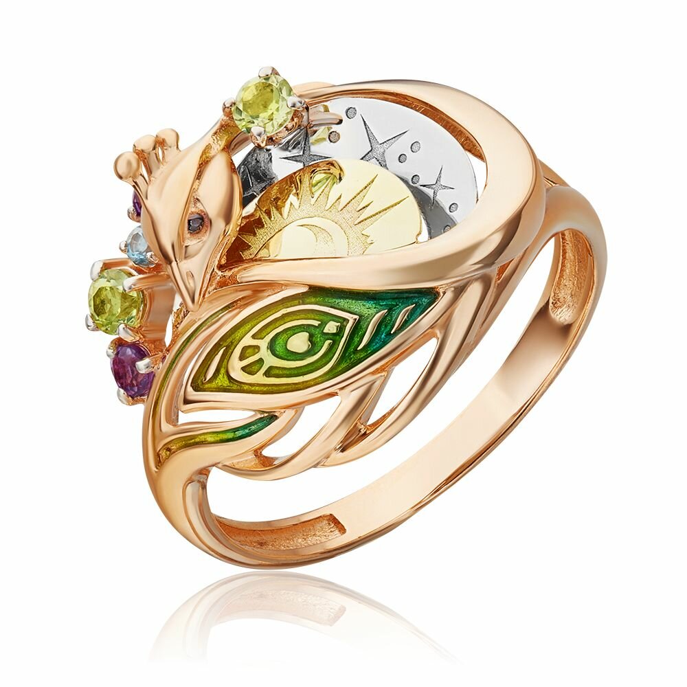 Кольцо, комбинированное золото, 585 проба, родирование, топаз, эмаль, аметист, хризолит