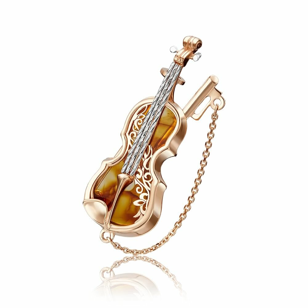 Брошь, красное золото, 585 проба, янтарь