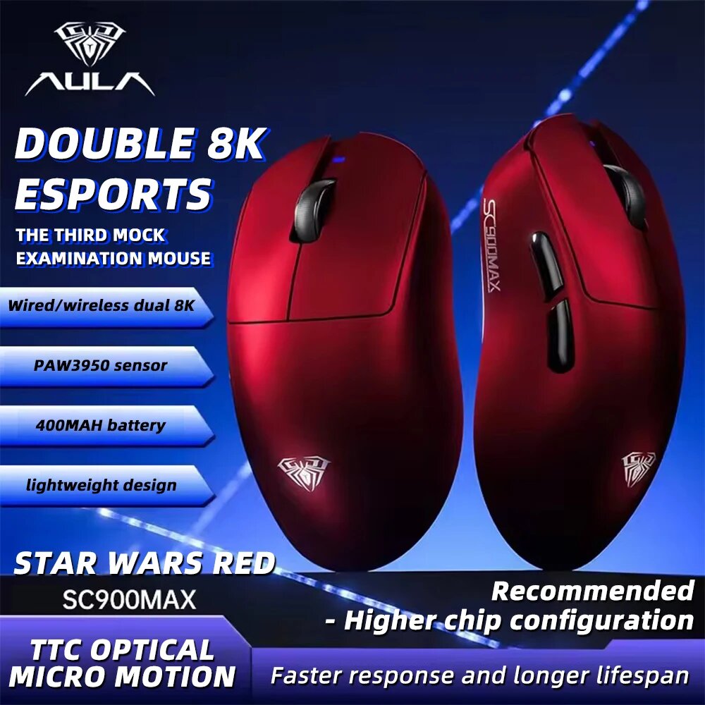 Беспроводная игровая мышь AULA SC900 Pro с тремя режимами работы, PAW3395, 26000 точек на дюйм, красный
