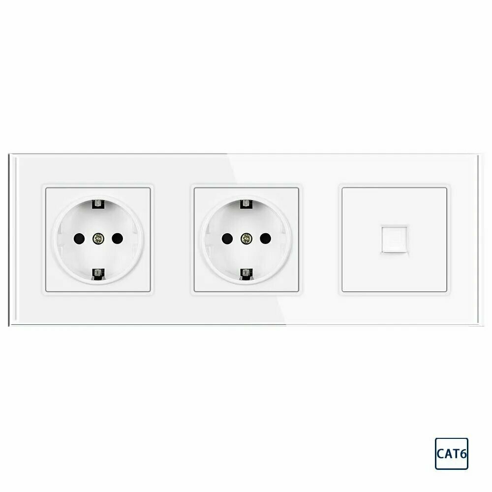 Розетка с заземлением 220В +розетка компьютерная rj45, 3 поста рамка закаленное стекло Белая