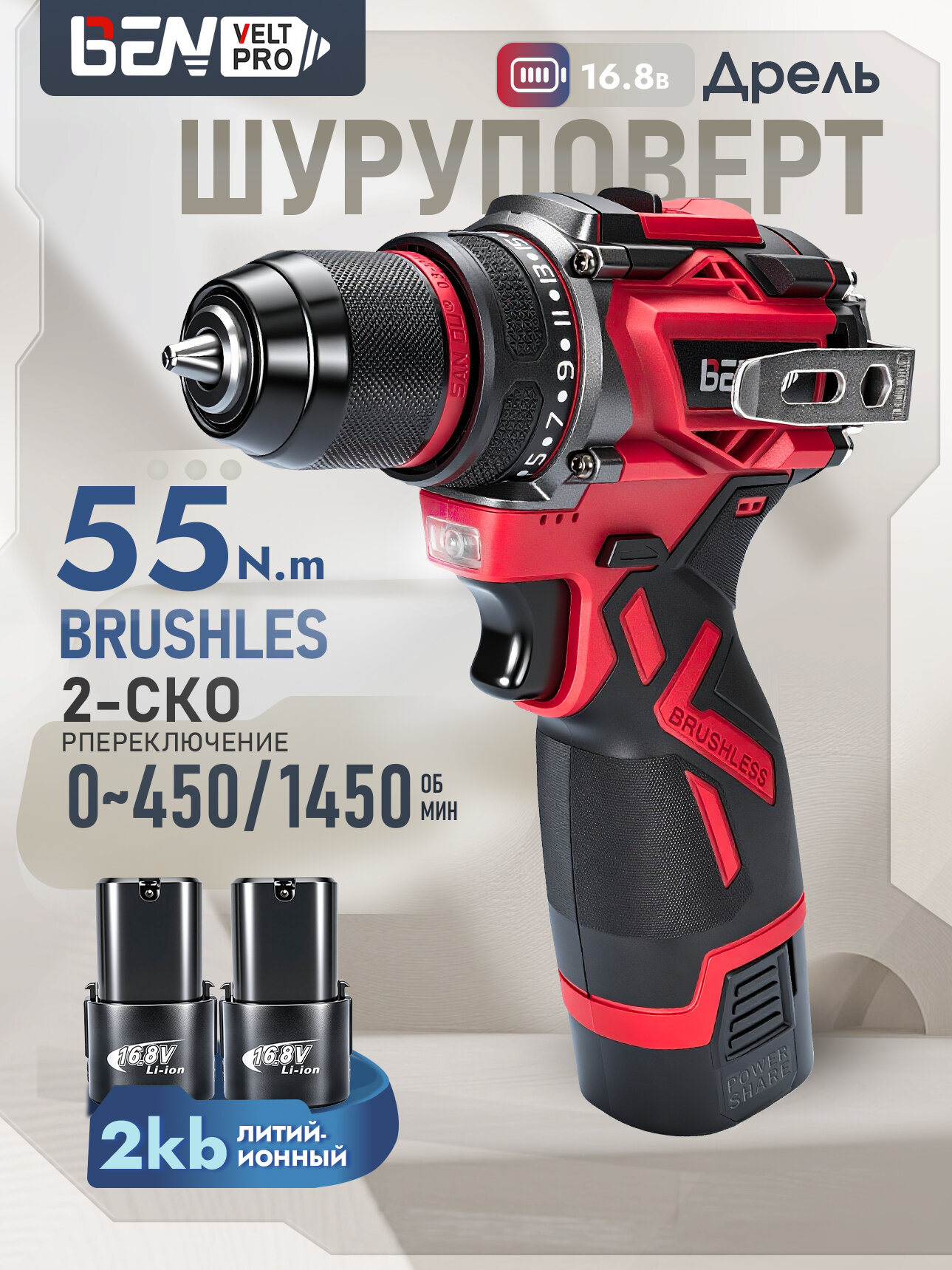 Шуруповерт аккумуляторный бесщеточный 55 Нм, дрель-шуруповерт Аккумуляторная 16.8В,2 АКБ