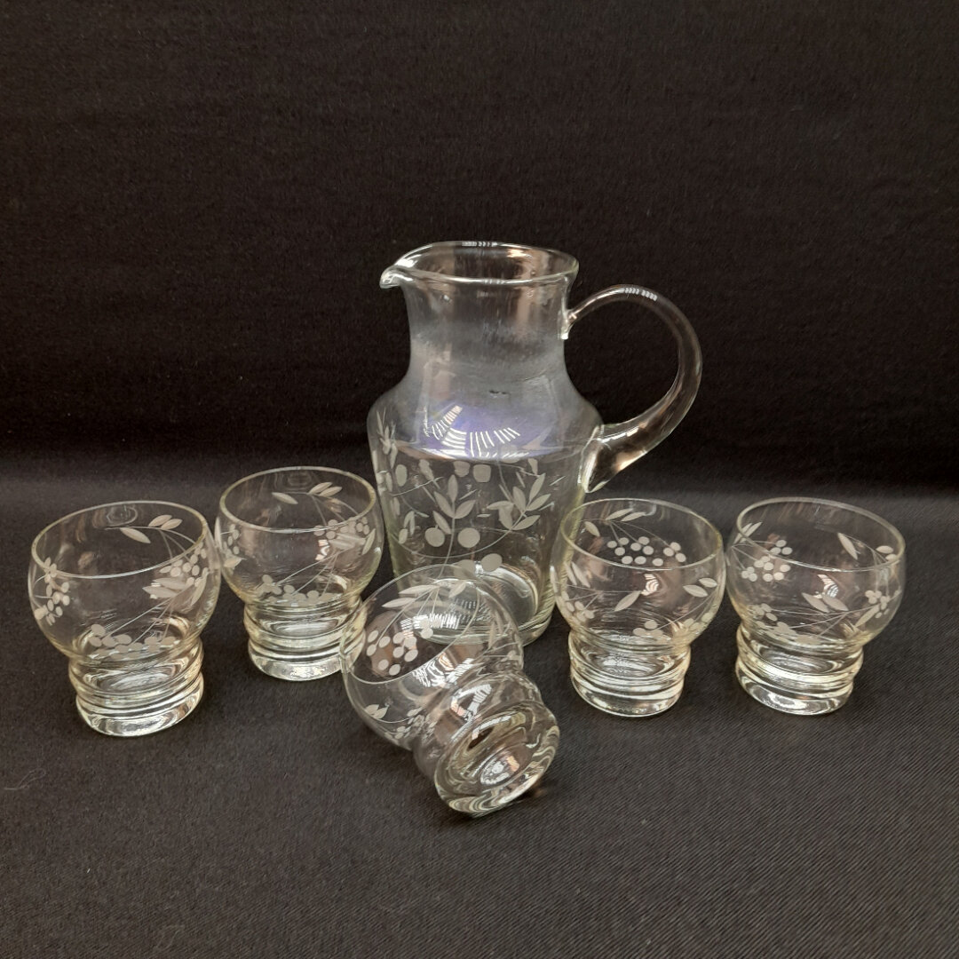 Набор из кувшина 5 стаканов, стекло резка 1.2 л и 0.15 л, винтаж СССР