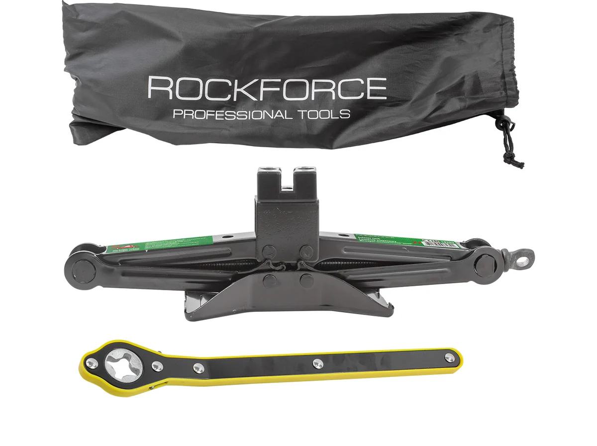 Домкрат механический 'ромб' ROCKFORCE 2т, с резиновой накладкой и трещоточной ручкой-воротком, в водоотталкивающем чехле