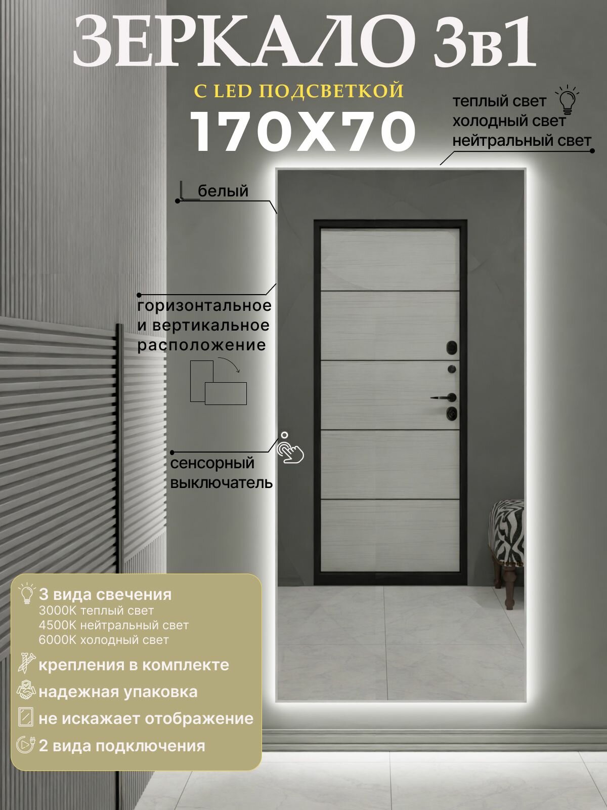 Сенсорное зеркало с подсветкой SSG 170х70см. Белое