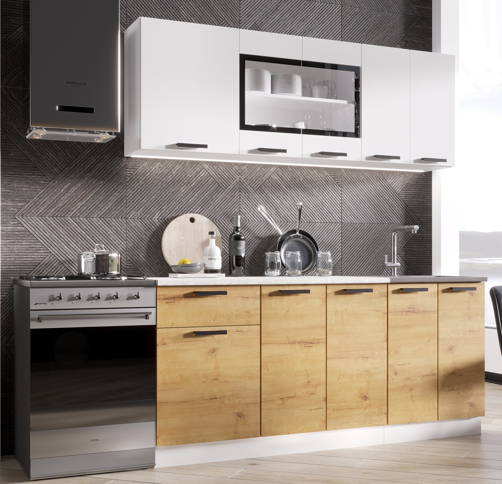 Кухня Хозяюшка 1,8м (столешница в к-те Калаката), Белый/Дуб вотан