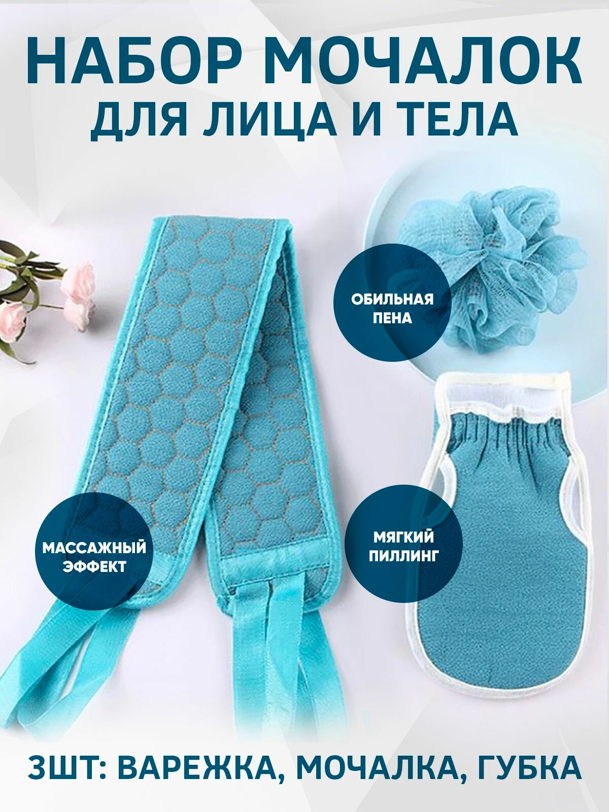 Набор: Мочалки 3шт (варежка, мочалка, губка) + Пакет с завязками (Синий)