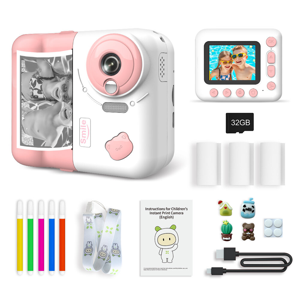 Детская камера с мгновенной печатью Kids Camera 1080P цифровая камера для детей 2.4 дюймовый IPS экран 10-кратное зуммирование встроенная батарея с термопечатной бумагой цветные ручки ремень для шеи 32GB TF карта Розовый Желтый Синий Зеленый