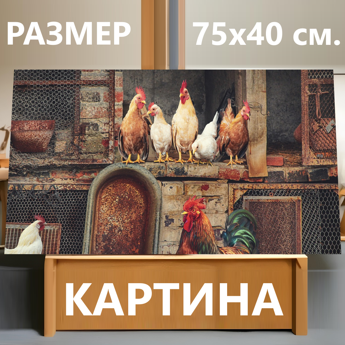 Картина на холсте "Петухи, куры, курятник" на подрамнике 75х40 см. для интерьера